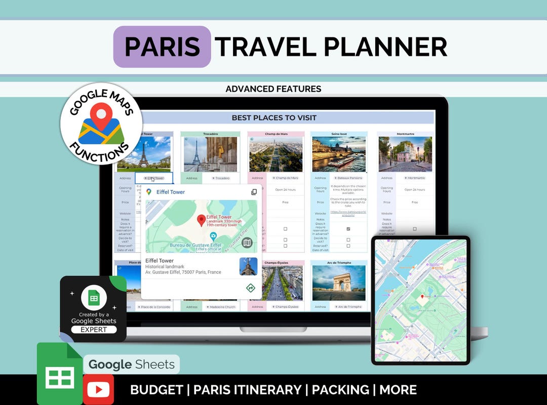 Paris Travel Planner, Paris Itinerary, Travel Checklist, Spreadsheet ...