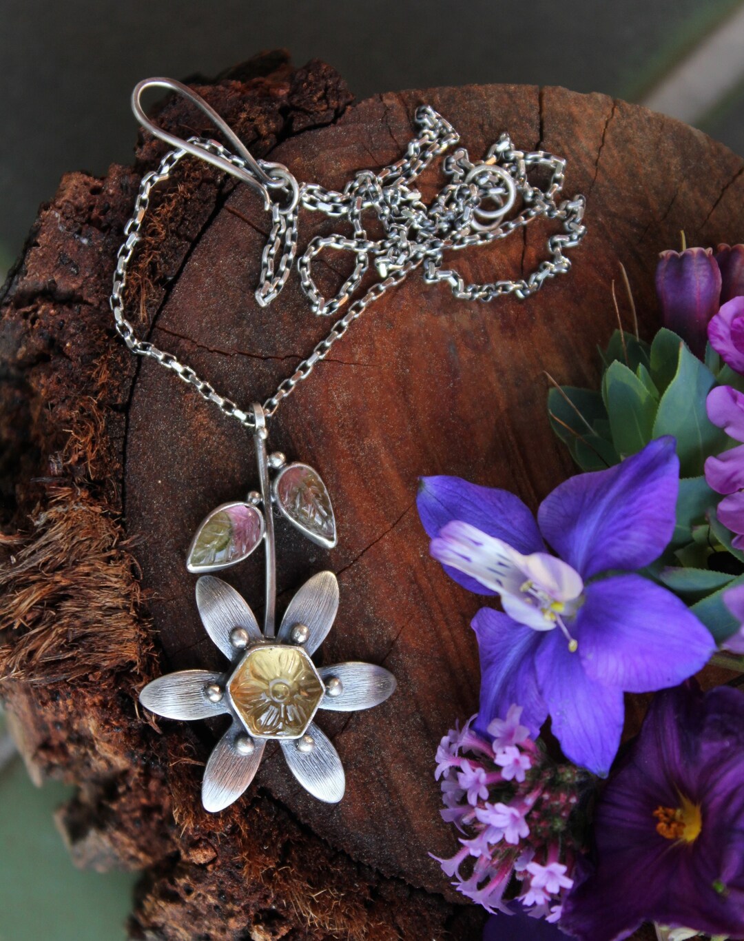 Wildflower... Sterling Silver, Carved Citrine, Tourmaline Leaves ...
