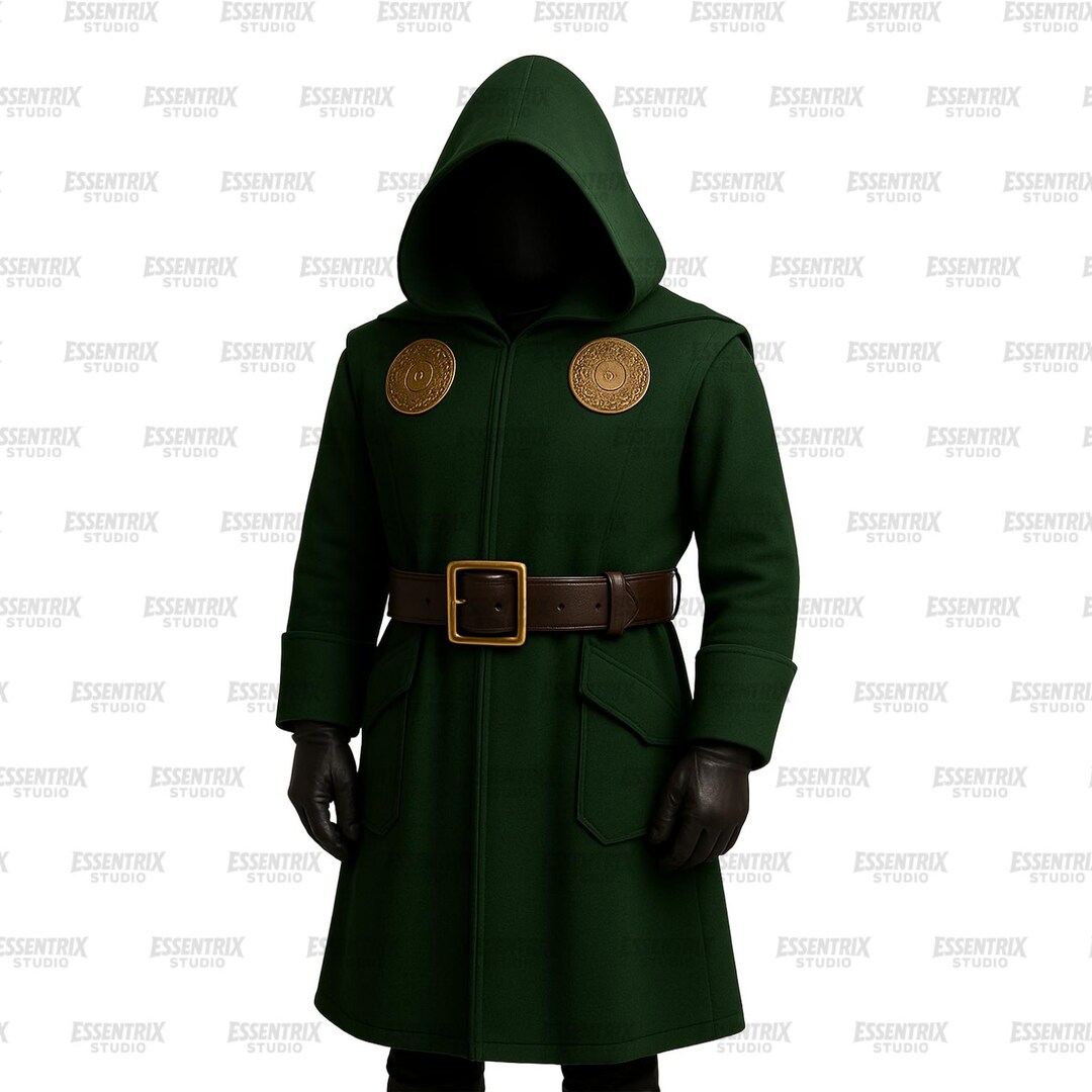 Doom's Wool Hooded Cloak Coat With Belt | Cosplay Coat With Gold Patch ...