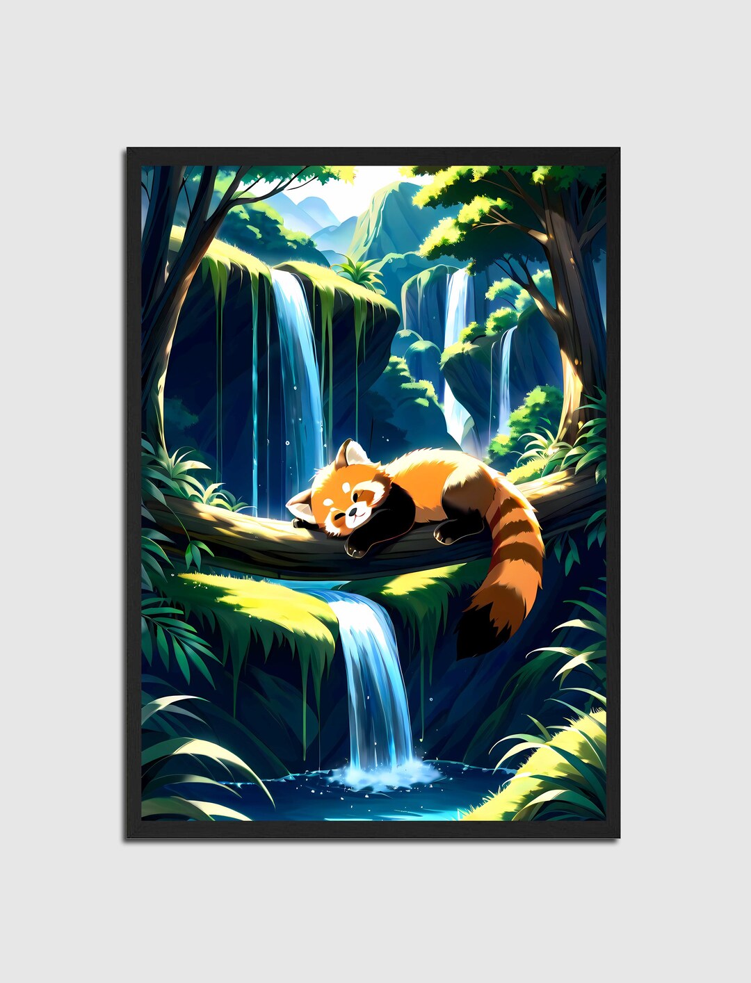 Red Panda Forest Poster, Lush Green Design, Waterfall, Nature, Art ...