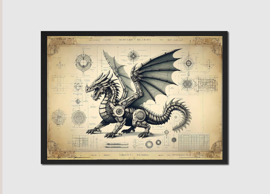 Mechanical Dragon Poster, Blueprint Design, Art, Bedroom, Lounge, Wall ...