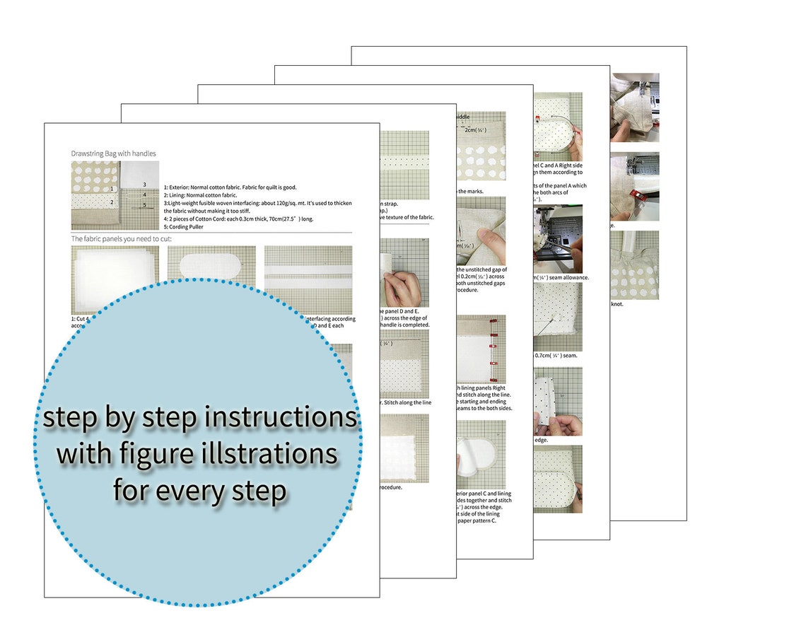 Pattern; PDF Tutorial of Drawstring Bag With a Handle; Step-by-step ...