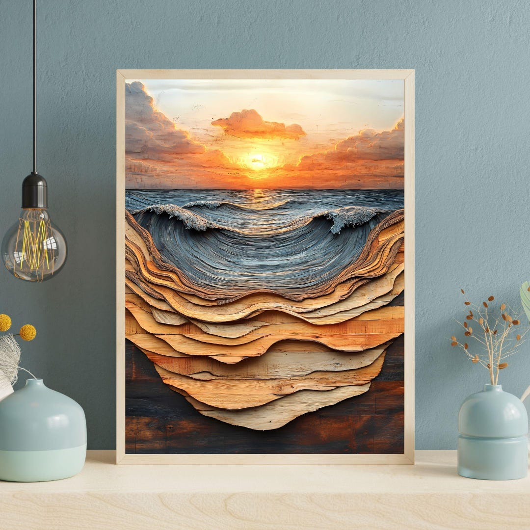 Reclaimed Wood Wave Art, Wooden Wave Wall Art, Sunset Wave Art, Layered ...