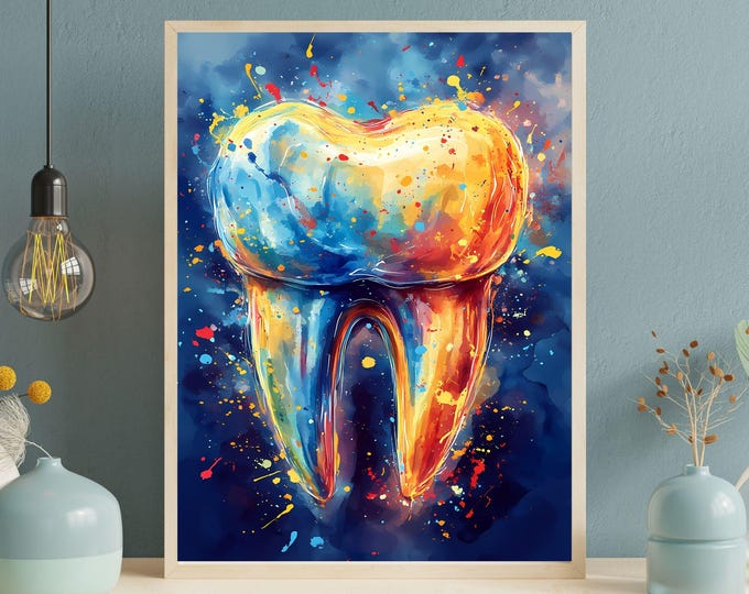 Abstract Tooth Watercolor Print, Blue Orange Dental Art, Medical ...