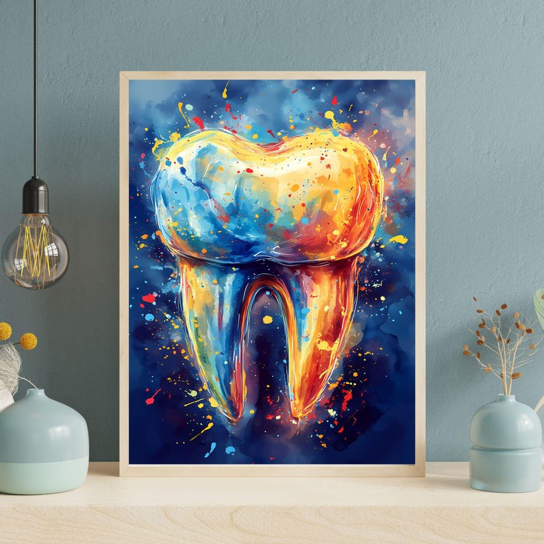 Colorful Tooth Art, Watercolor Tooth Print, Digital Dental Artwork ...