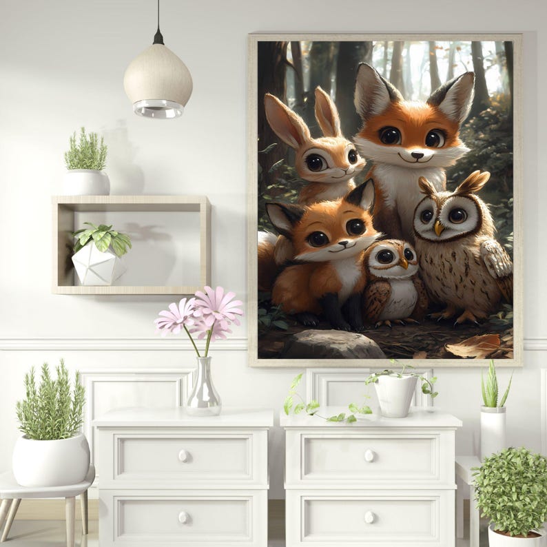 Woodland Animal Art Print: Fox, Rabbit, Owl Nursery Decor (digital ...
