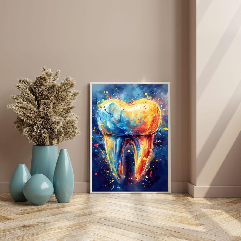 Colorful Tooth Art, Watercolor Tooth Print, Digital Dental Artwork ...