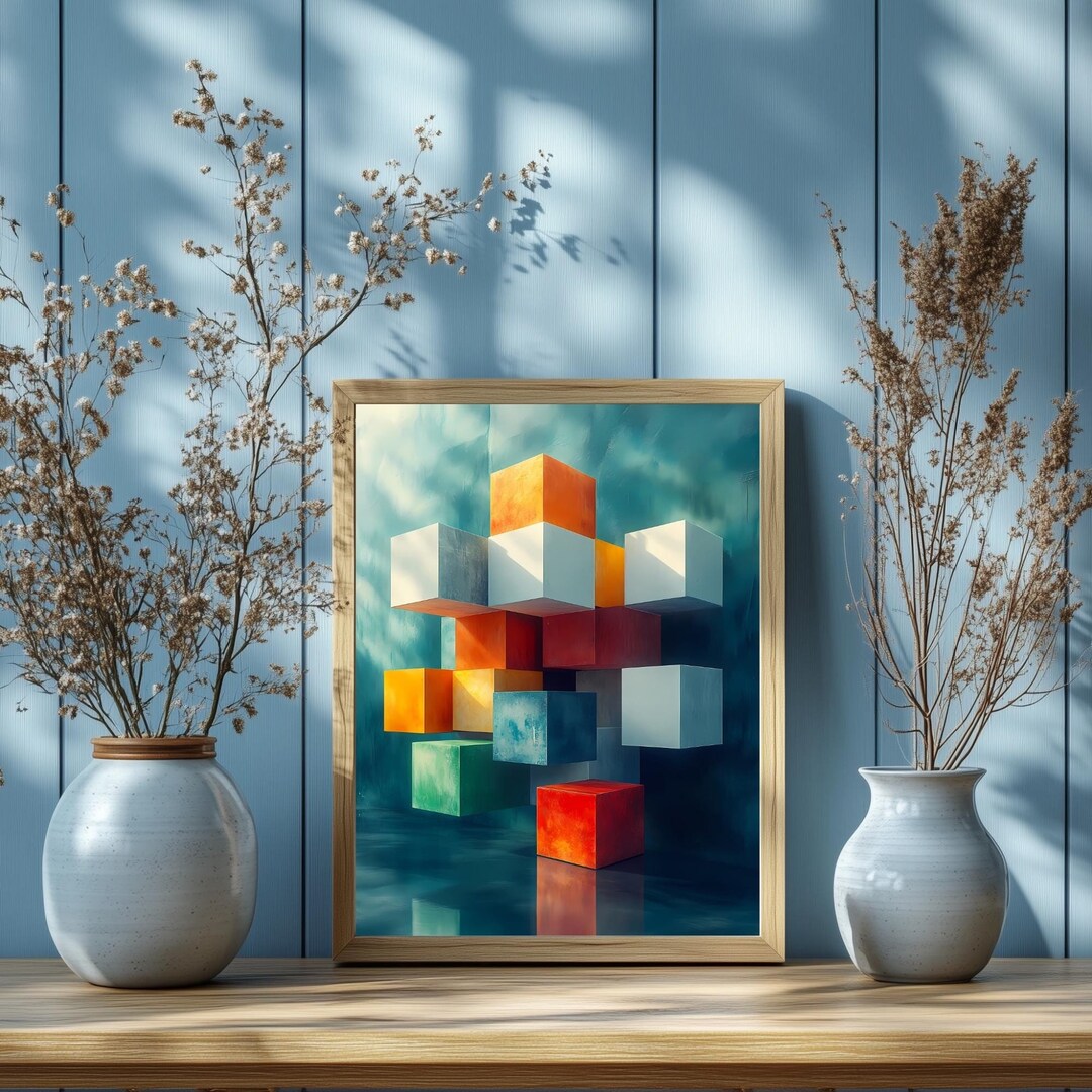 Floating Geometric Blocks Wall Art, 3D Isometric Abstract Print, Modern ...