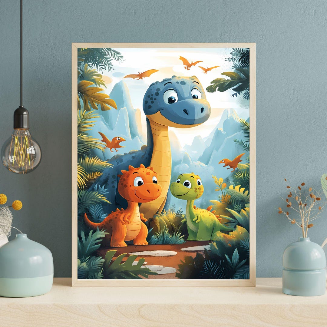 Friendly Dinosaur Art, Cute Dino Family Print, Kids Room Wall Art ...
