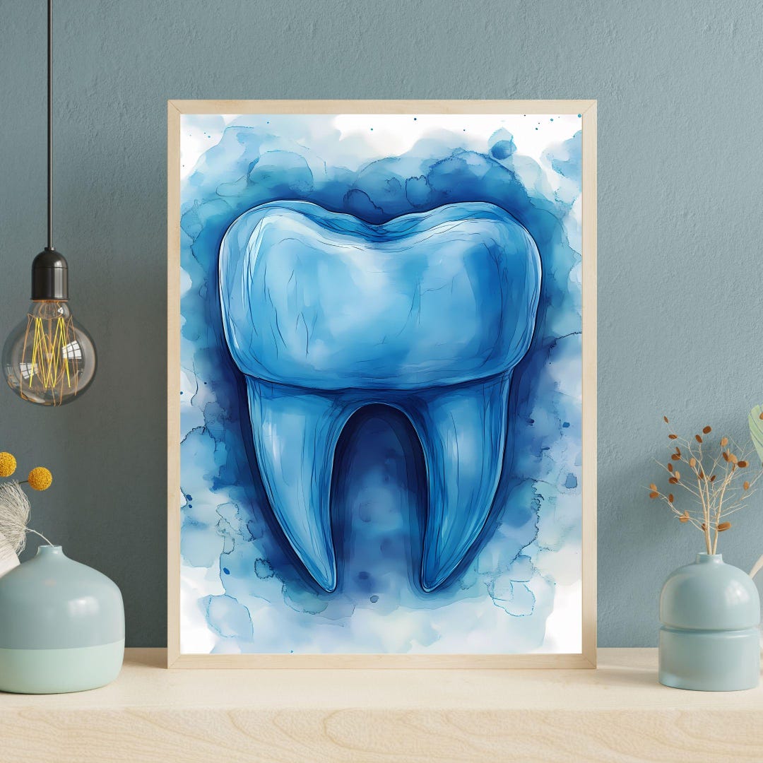 Watercolor Tooth Art, Blue Tooth Wall Art, Digital Dental Artwork ...