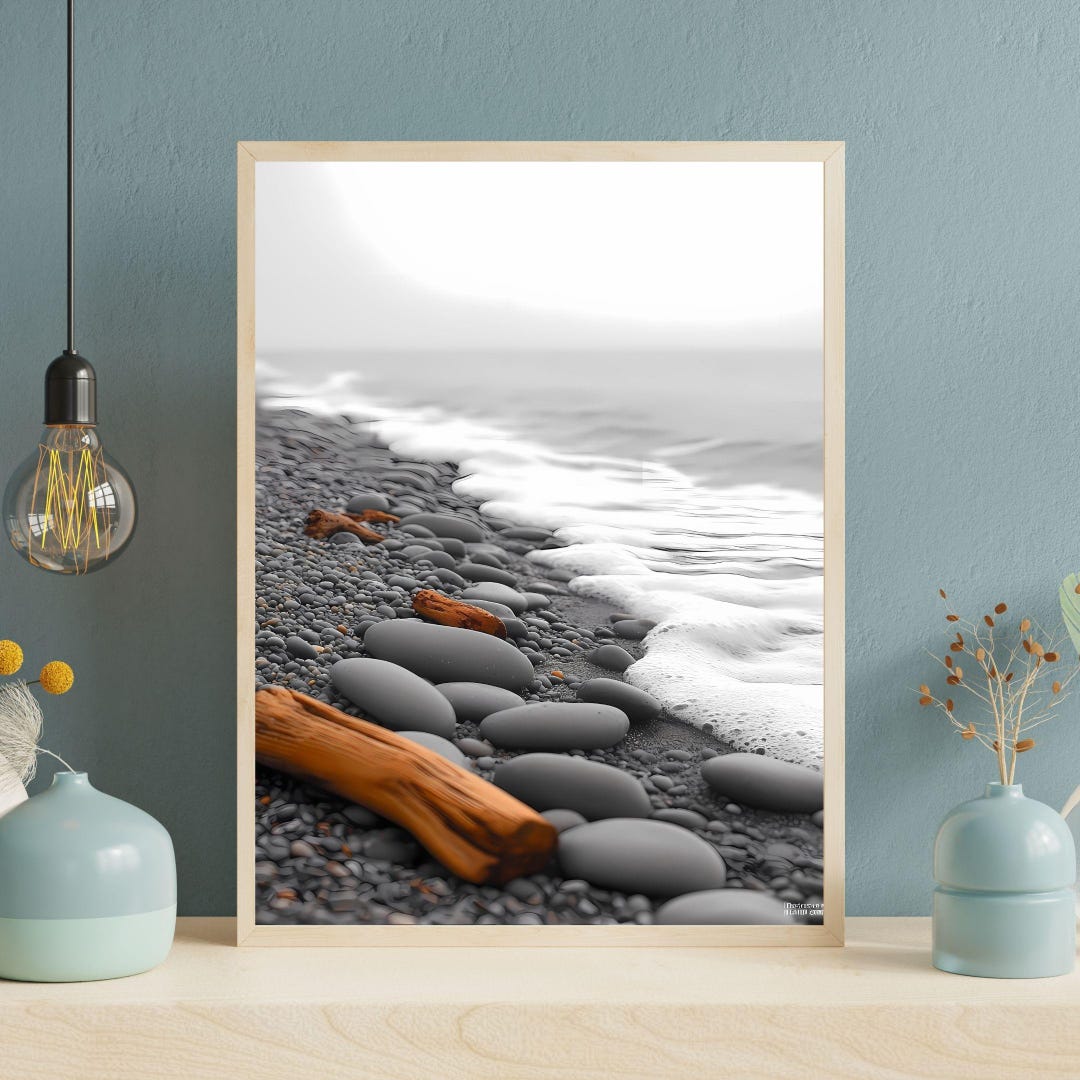 Grayscale Beach Print | Pebbles & Driftwood Wall Art | Printable ...