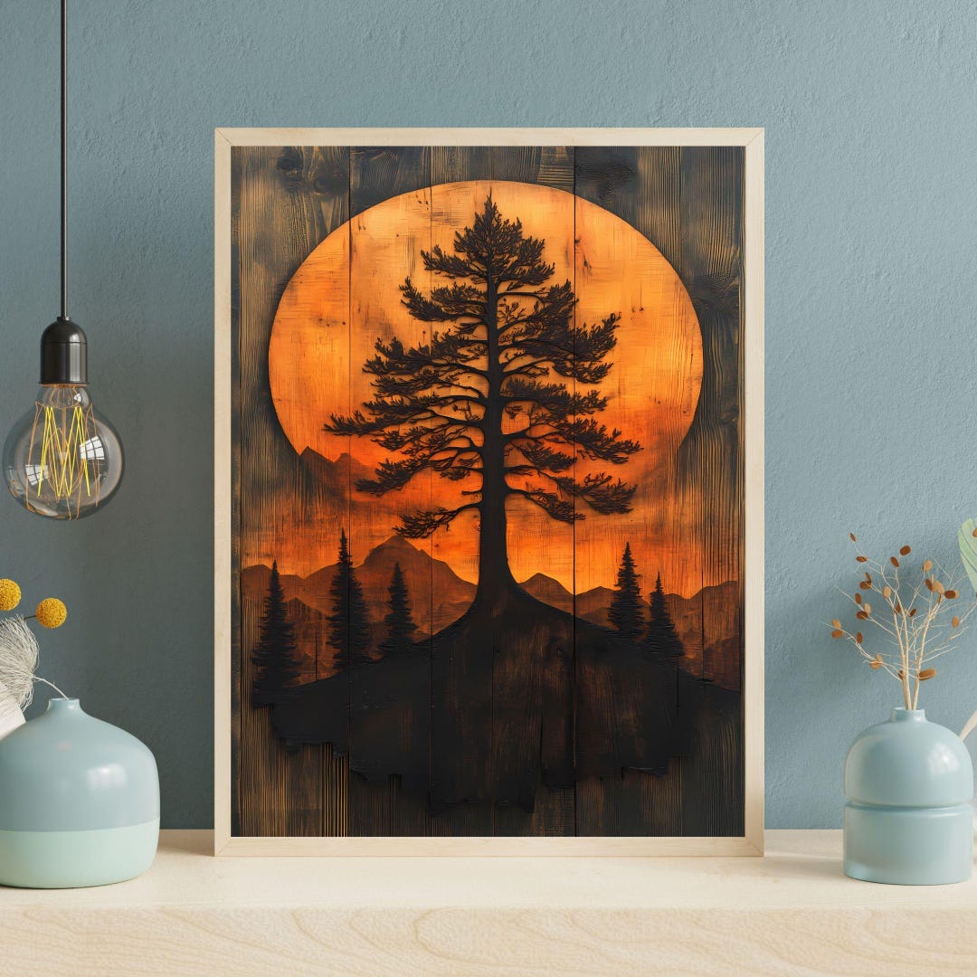 Reclaimed Wood Tree Silhouette Art, Sunset Mountain Scene (digital ...