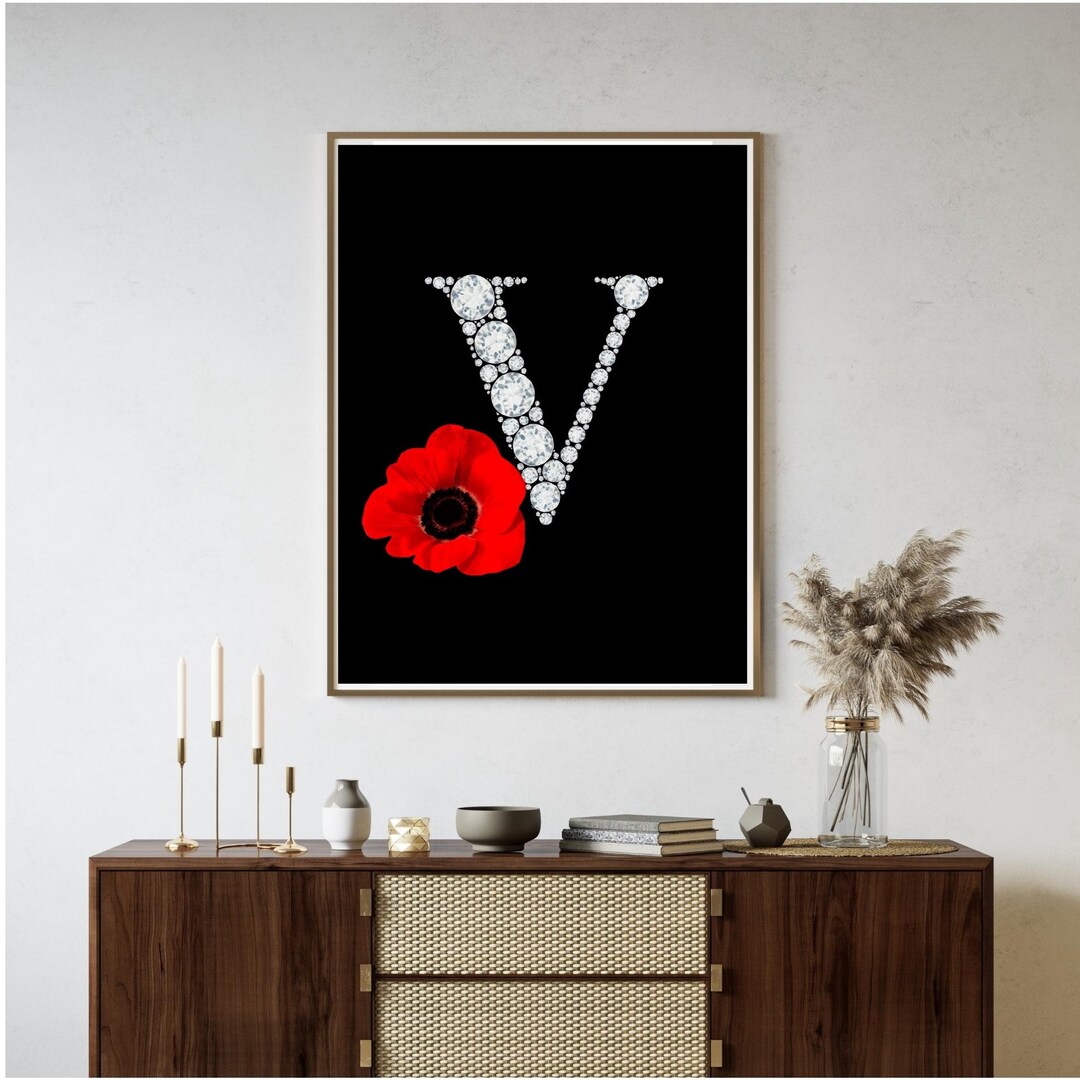 Diamond Letter V Wall Art, Red Flower Monogram Print, Elegant Initial ...