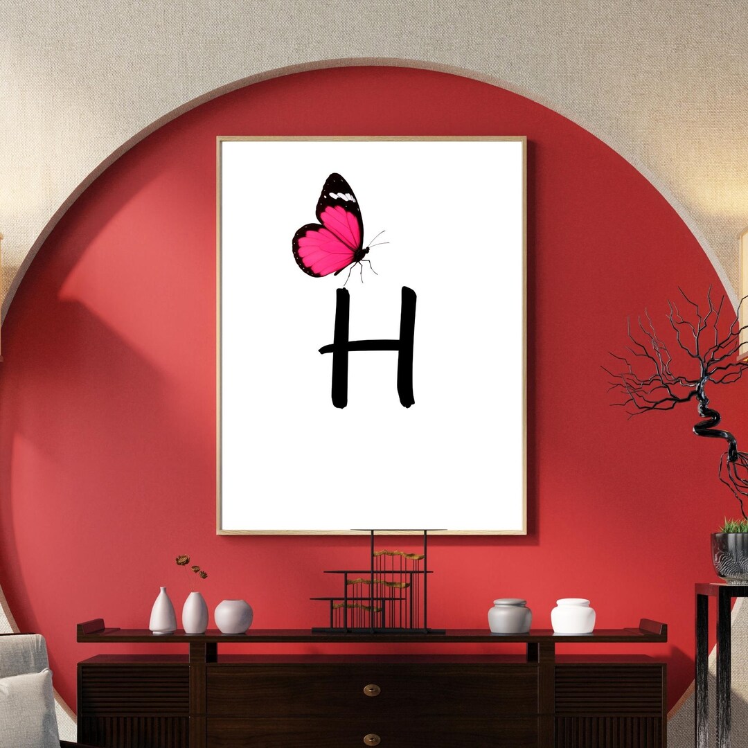 Pink Butterfly Letter H Wall Art, Minimalist Monogram Print, Nursery ...
