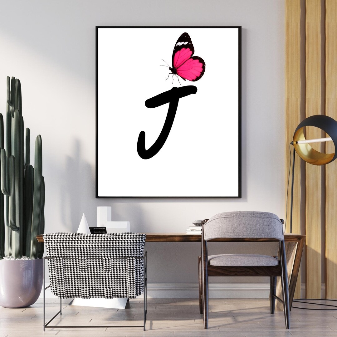 Pink Butterfly Elegant "j" Monogram Print, J Letter Wall Art, Initial J ...