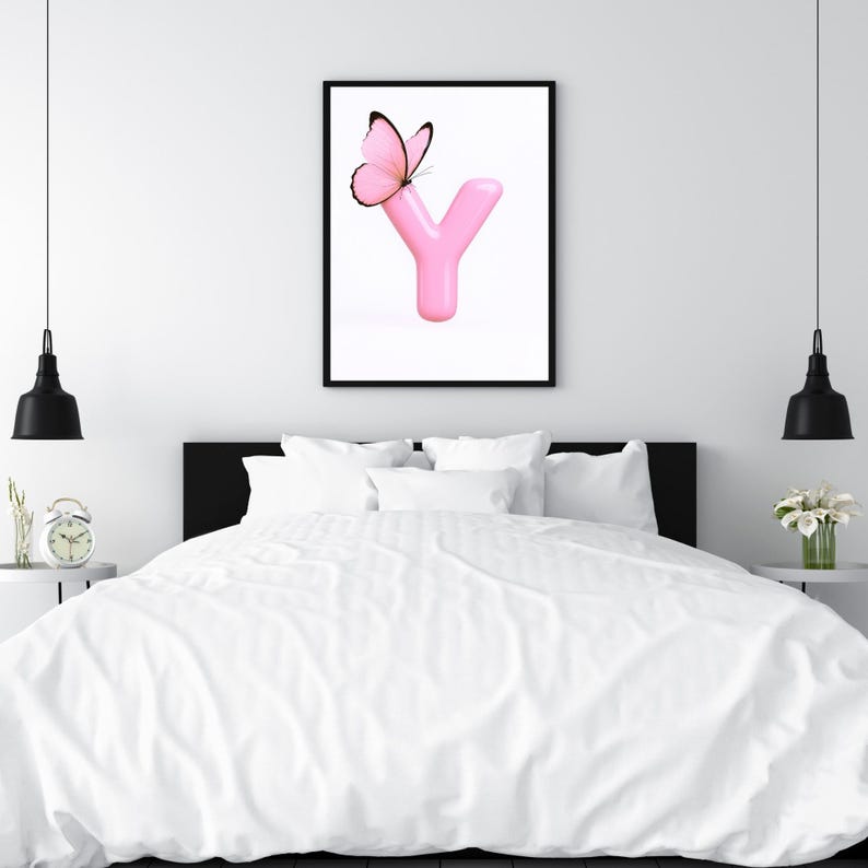 Pink Butterfly Balloon Letter Y Wall Art Printable, Minimalist Monogram ...