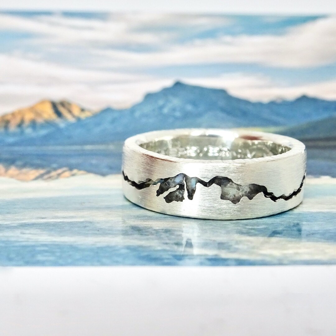Summit Inlay Mountain Ring, 8mm Custom Mountain Band, Mens Mountain ...