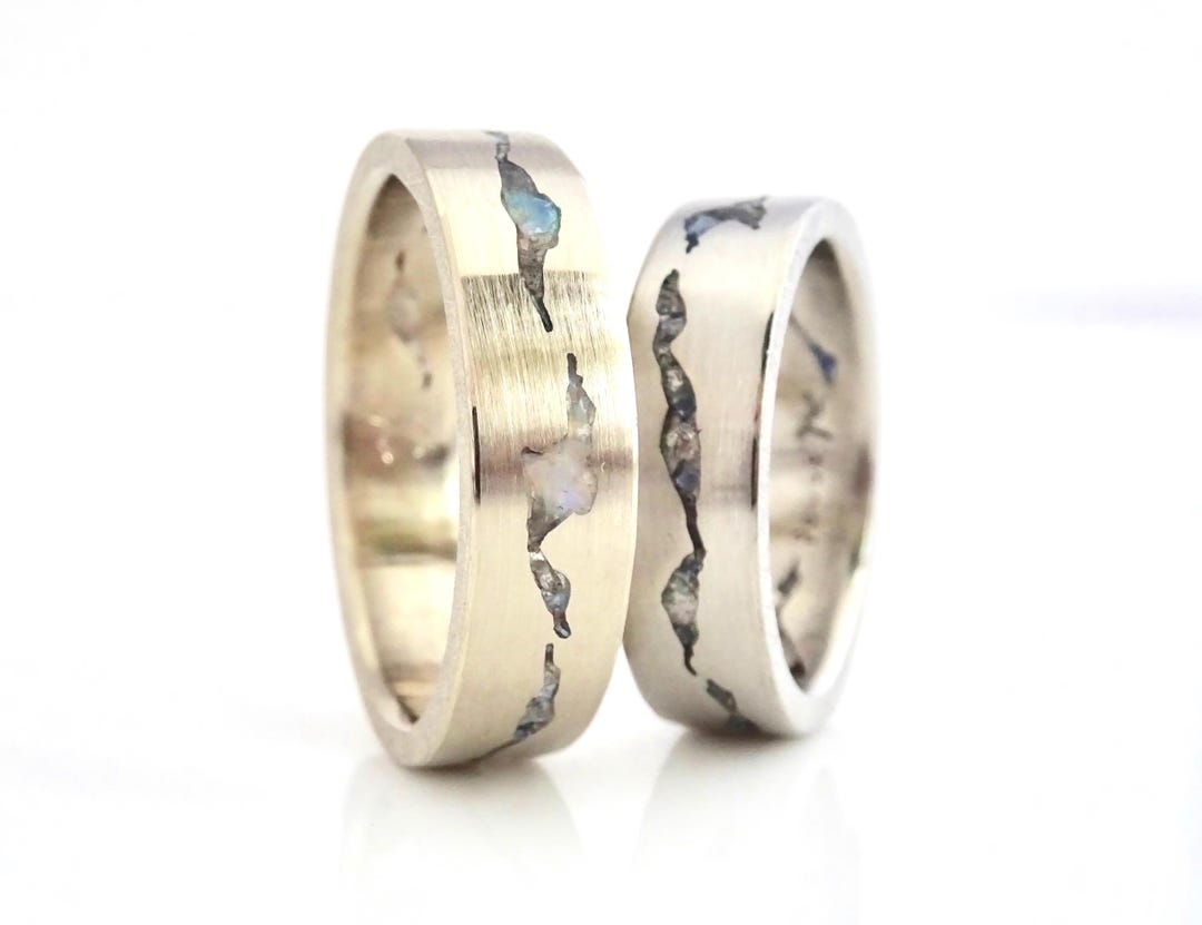 Inlayed Glacier Wedding Ring Set, 6mm Wedding Ring Set, Stone Inlay ...