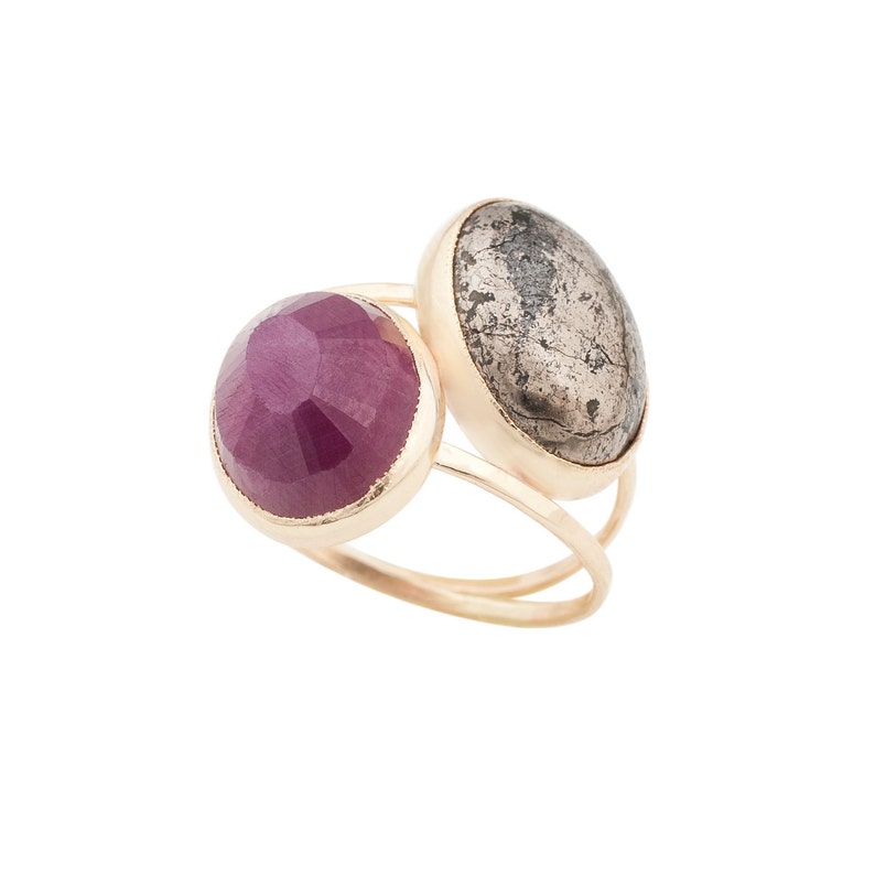 Ruby and Pyrite Cleo Ring Double Stone Stacker Ring Handmade - Etsy