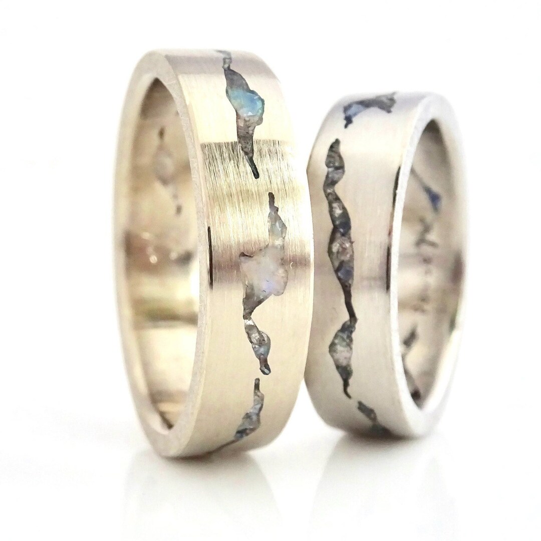 Inlayed Glacier Wedding Ring Set, 6mm Wedding Ring Set, Stone Inlay ...