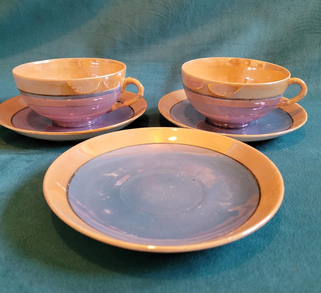 Japanese Lusterware Blue and Peach Stripe Teacups & Saucers S/2 - Etsy