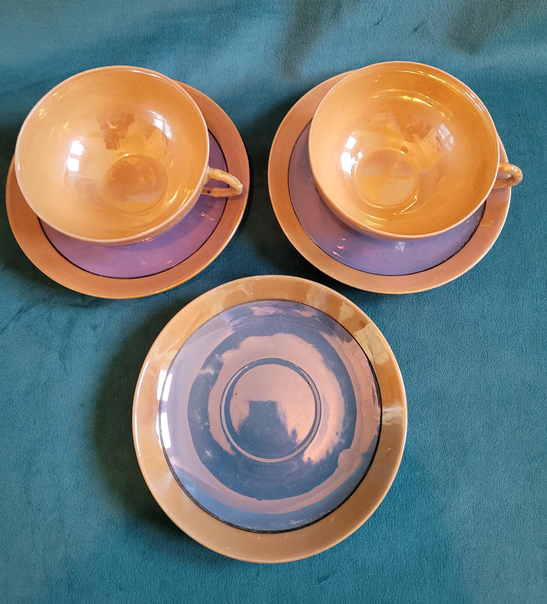 Japanese Lusterware Blue and Peach Stripe Teacups & Saucers S/2 - Etsy