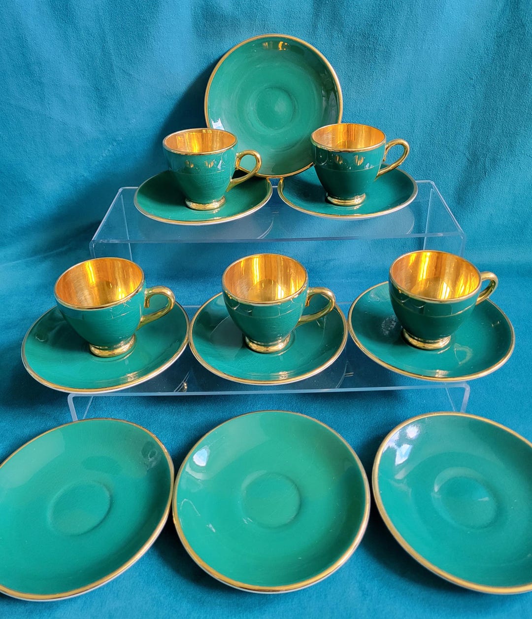 Arklow Pottery Green and Gold Leaf Espresso Cups & Saucers 14pc Set - Etsy