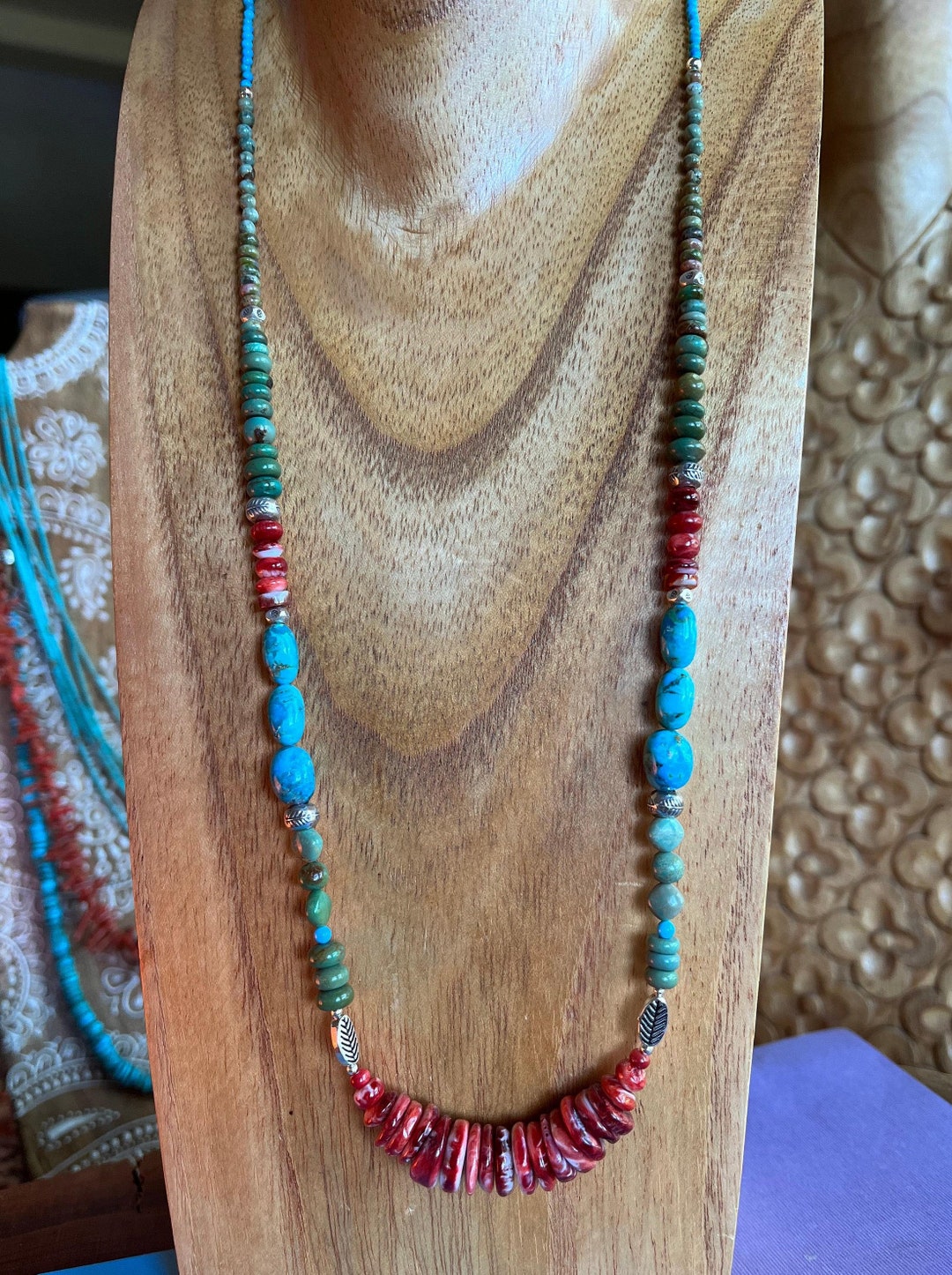 Turquoise and Red Spiny Oyster Shell Sundance Style Necklace 24 Inches ...