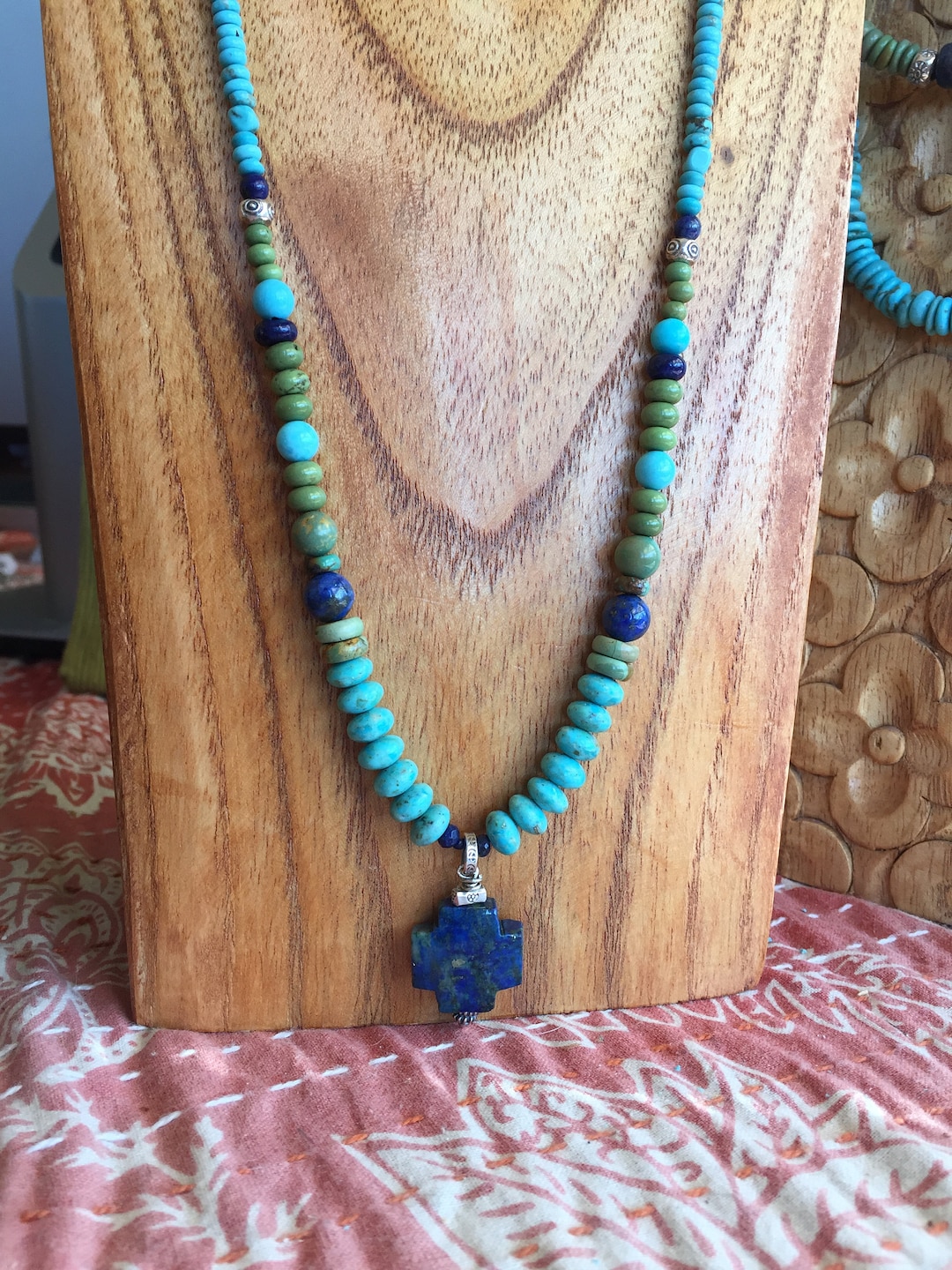 Stone Cross Necklace W Turquoise Lapis Silver & Thick Rawhide Leather ...