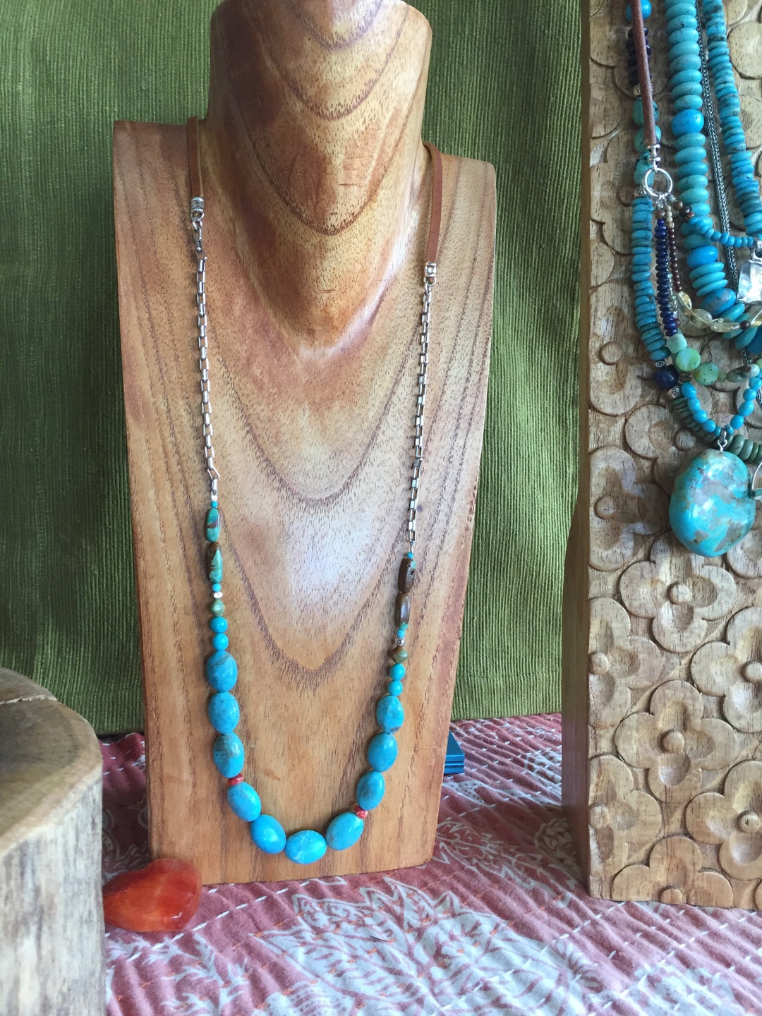 Turquoise Sterling Silver Necklace: Rawhide, Spiny Oyster Shell, 28 ...