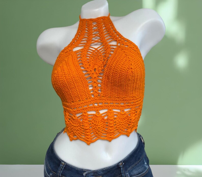Summer Festival Top, Crochet Halter Top, Orange Crop Top, Woman Crochet ...