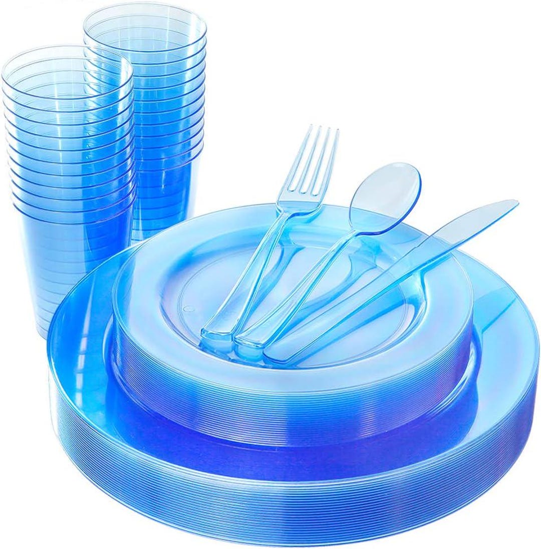 25 Guest Blue Plates With Disposable Silverware&blue Cups-neon Clear ...