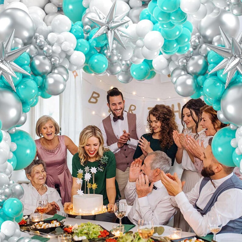 141pcs Teal Blue Silver White Balloons Garland Arch Kit 18 12 10 5inch Turquoise Balloons With 3 ...