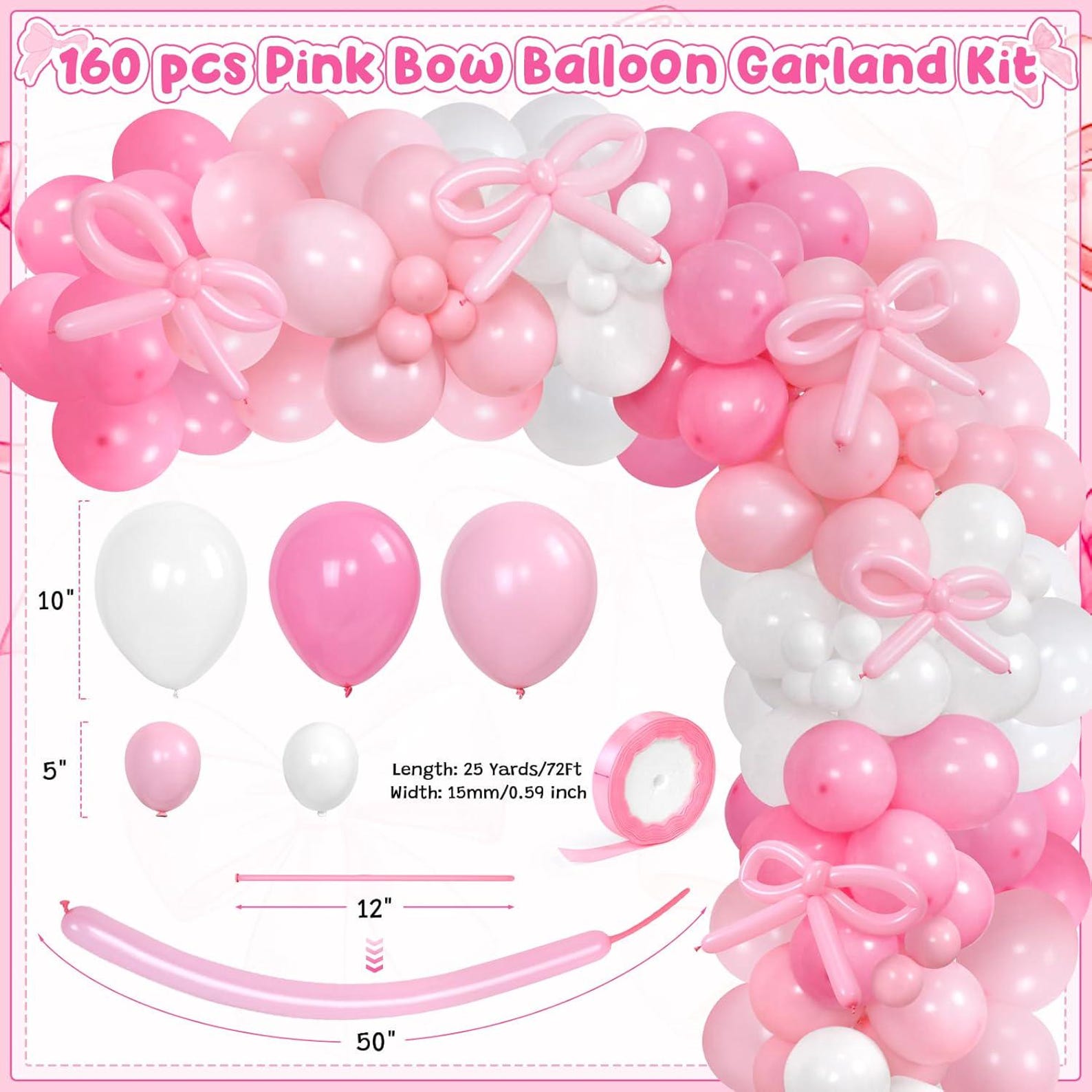 Pink Bow Balloon Arch Kit, 160 Pcs Pink Bow Balloons Garland With Long ...