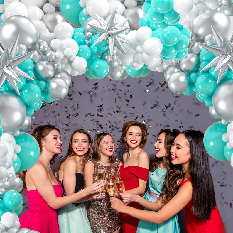 141pcs Teal Blue Silver White Balloons Garland Arch Kit 18 12 10 5inch Turquoise Balloons With 3 ...