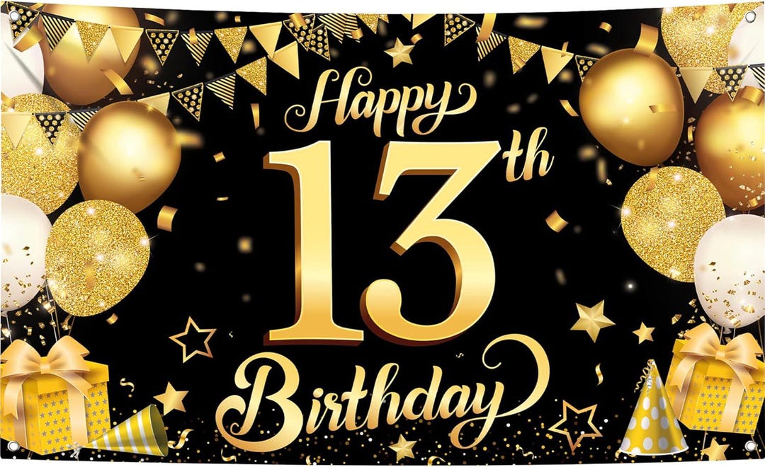 Happy 13th Birthday Banner Black and Gold Xtralarge, 72x44 Inch 13th ...