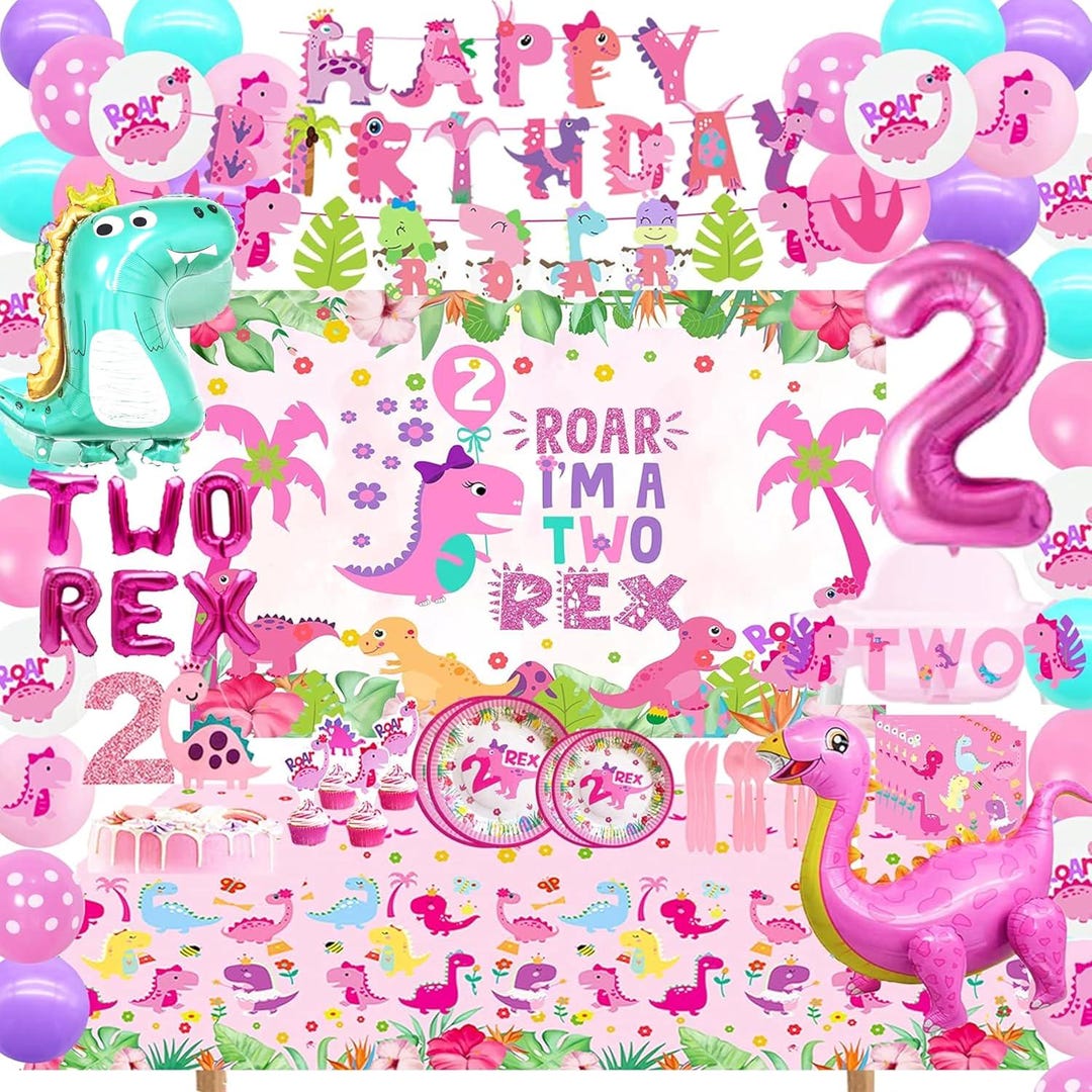 Two Rex Birthday Party Decorations Girl, Pink Dinosaur 2nd Birthday ...