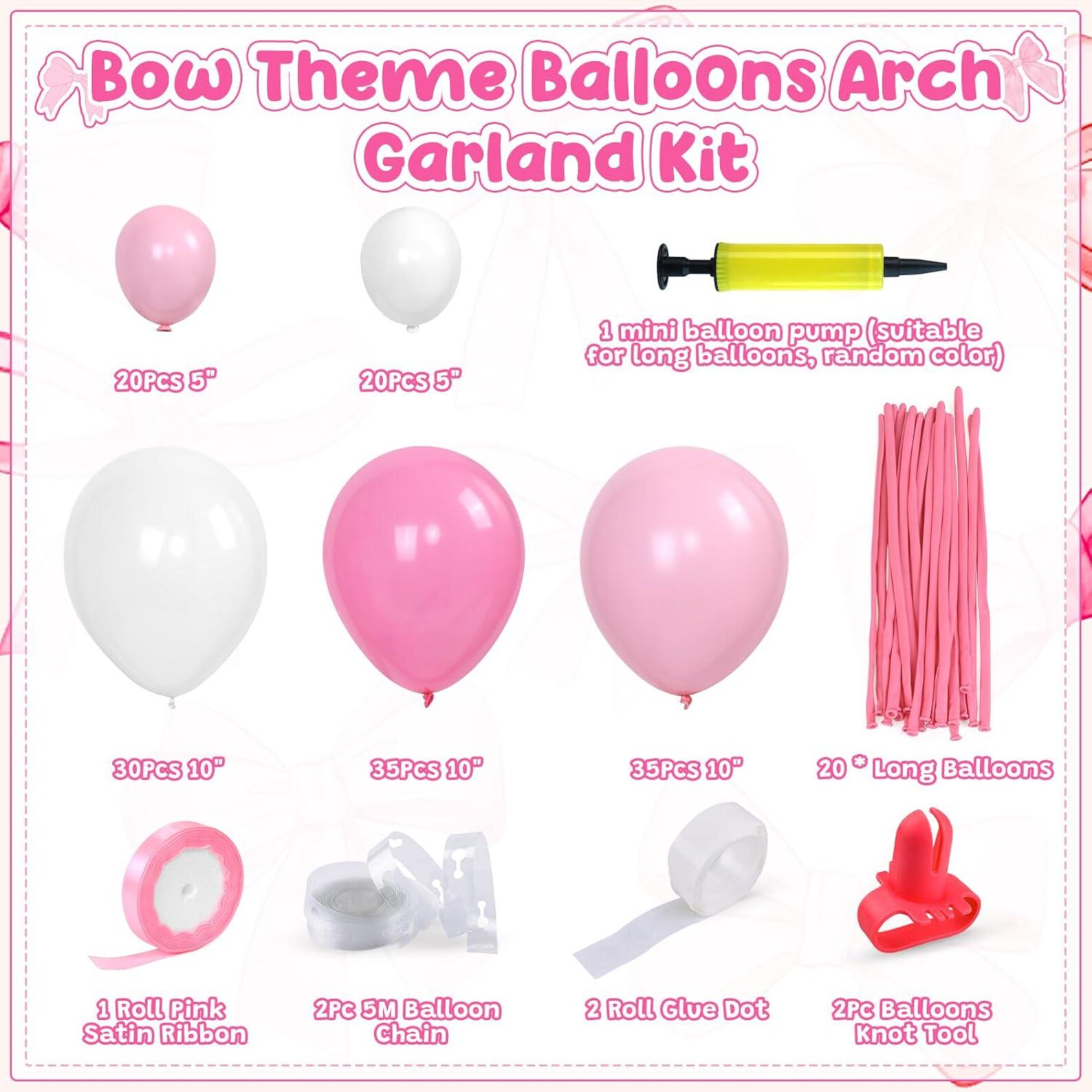 Pink Bow Balloon Arch Kit, 160 Pcs Pink Bow Balloons Garland With Long ...