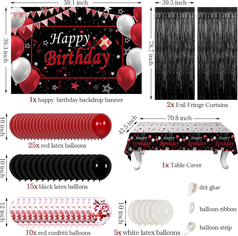 Red and Black Birthday Decorations for Men Women, Happy Bday Decor ...