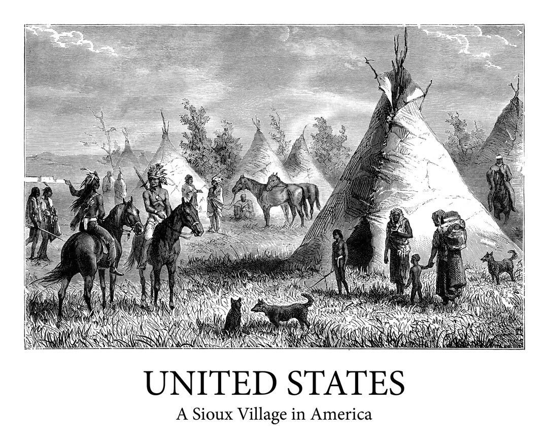 Vintage Digital Poster | Native American History, Sioux Village in ...