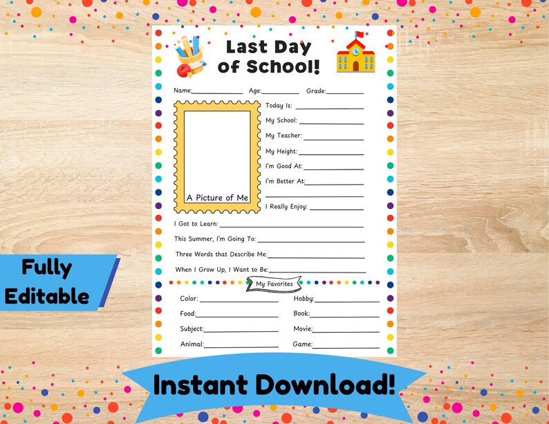 First and Last Day of School Printable, All About Me Activity, Back to ...