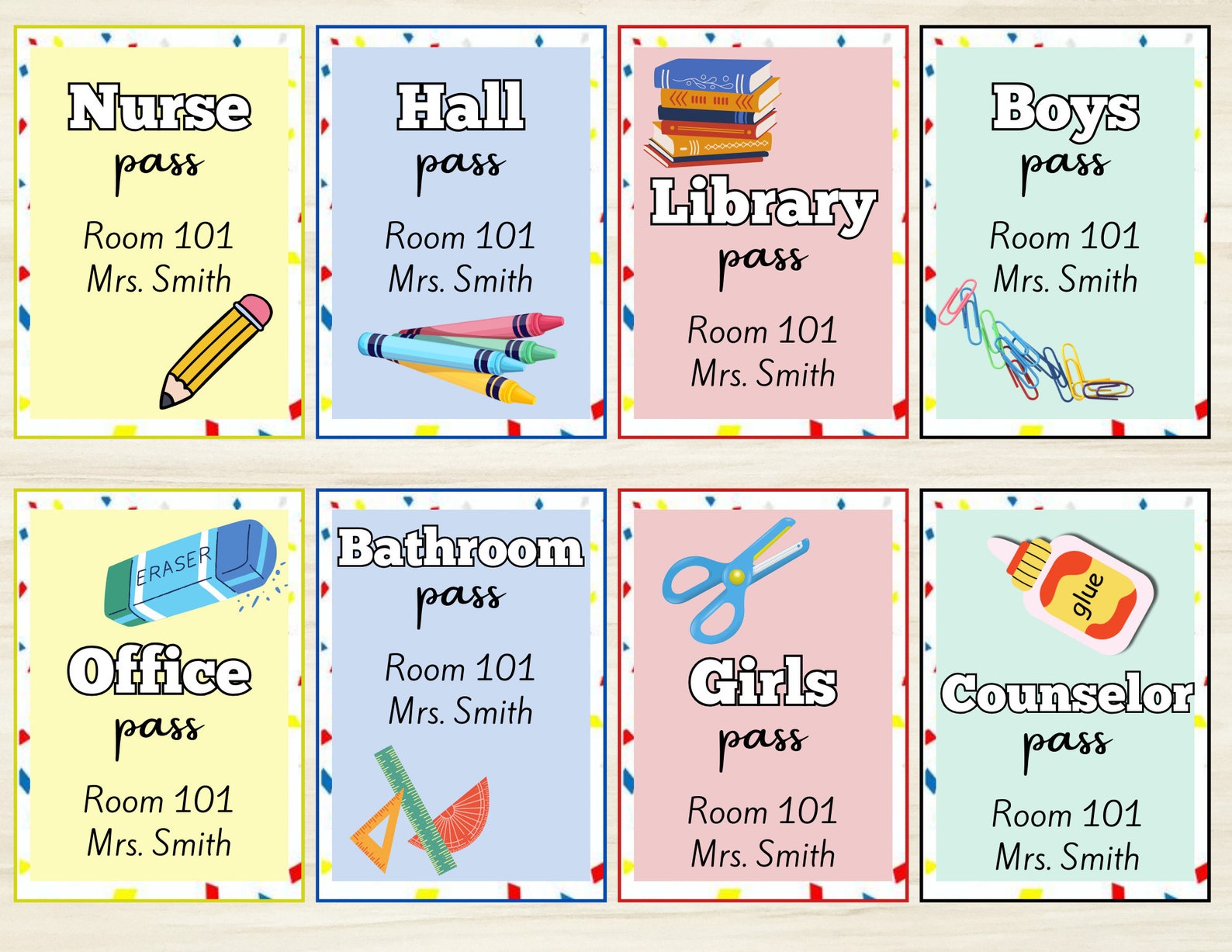 Printable Classroom Hall Passes: Primary Colors, Customizable Canva ...