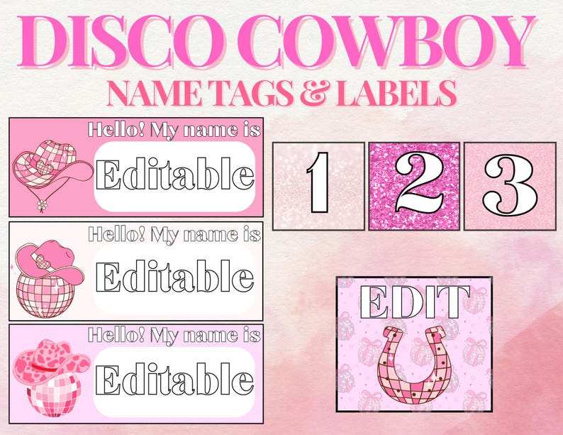 Disco Cowboy Name Tags & Labels - Editable - Etsy
