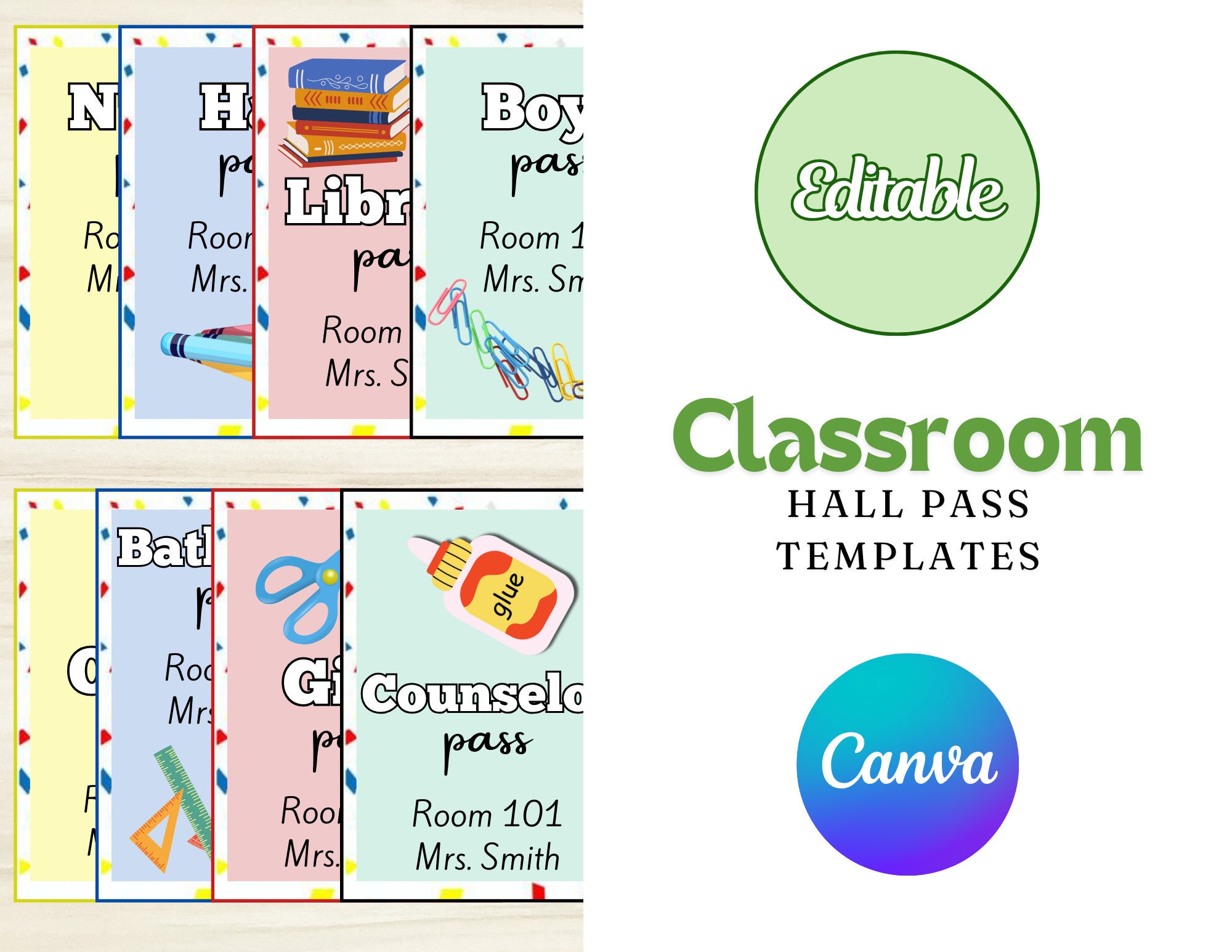Printable Classroom Hall Passes: Primary Colors, Customizable Canva ...