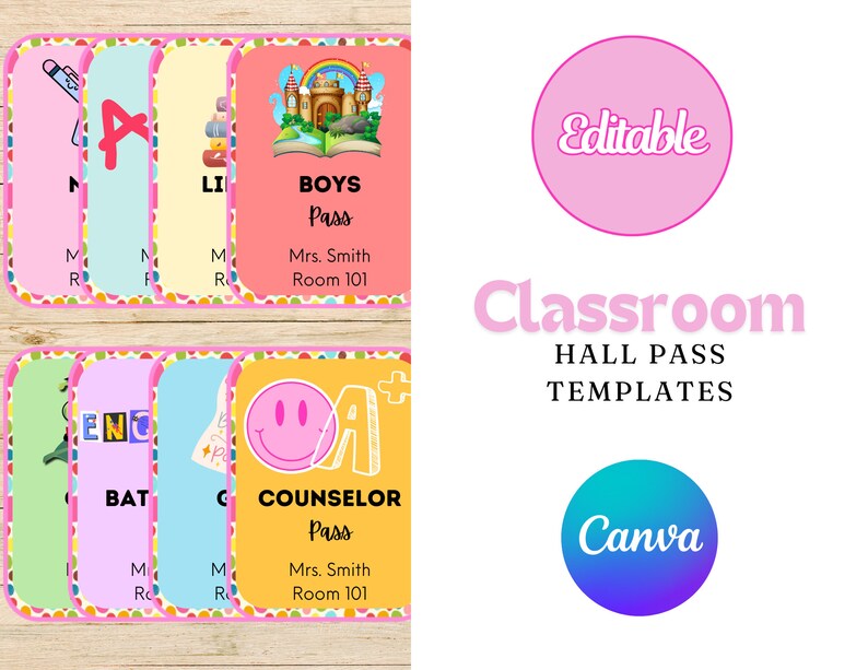 Classroom Hall Passes: Printable Teacher Lanyard Templates (canva ...