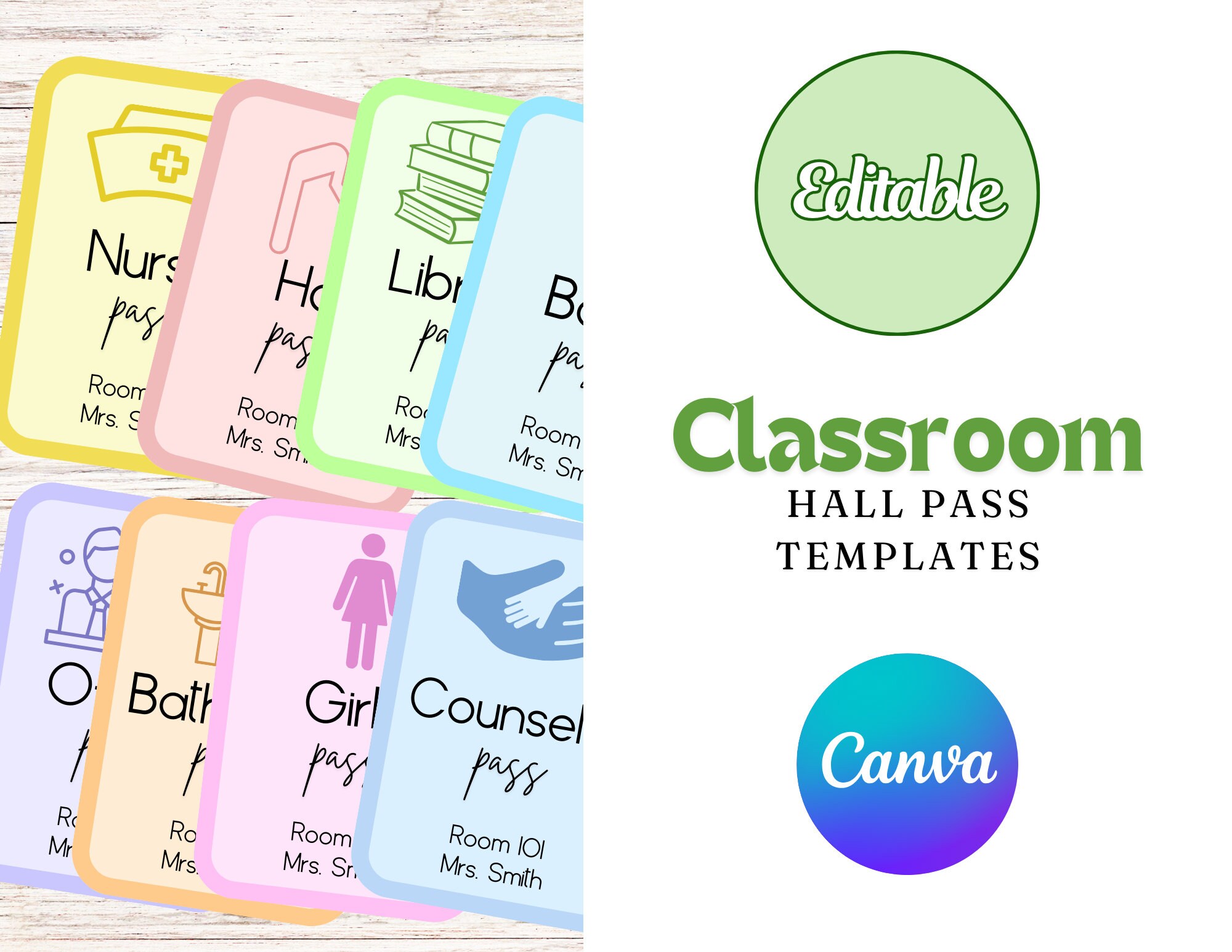 Classroom Hall Pass Canva Templates Passes Bathroom Hall Pass Office Elementary School