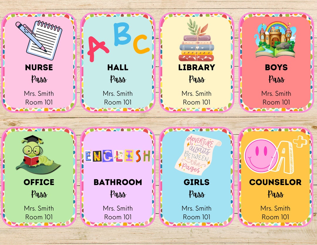 Classroom Hall Passes: Printable Teacher Lanyard Templates (canva ...