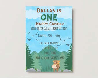 ONE Happy Camper Camping Theme First Birthday Party Invitation Template - Etsy