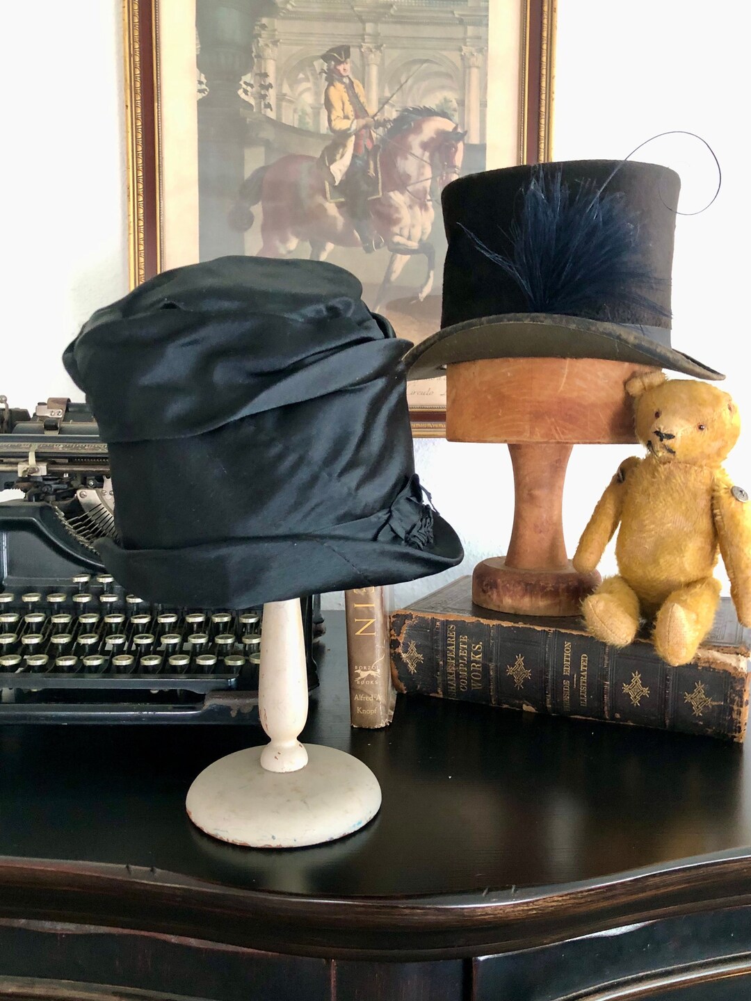French Antique Hat & Stand / 1920s Black Silk Cloche With Shabby ...