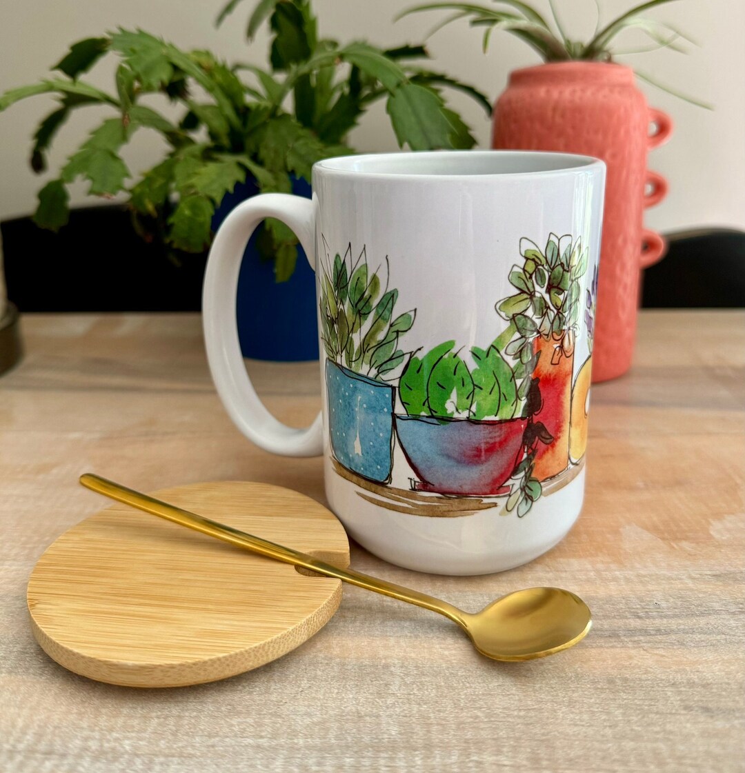 Colorful Watercolor Plants and Pots Mug, 15 Oz Plant Lover Gift, White ...